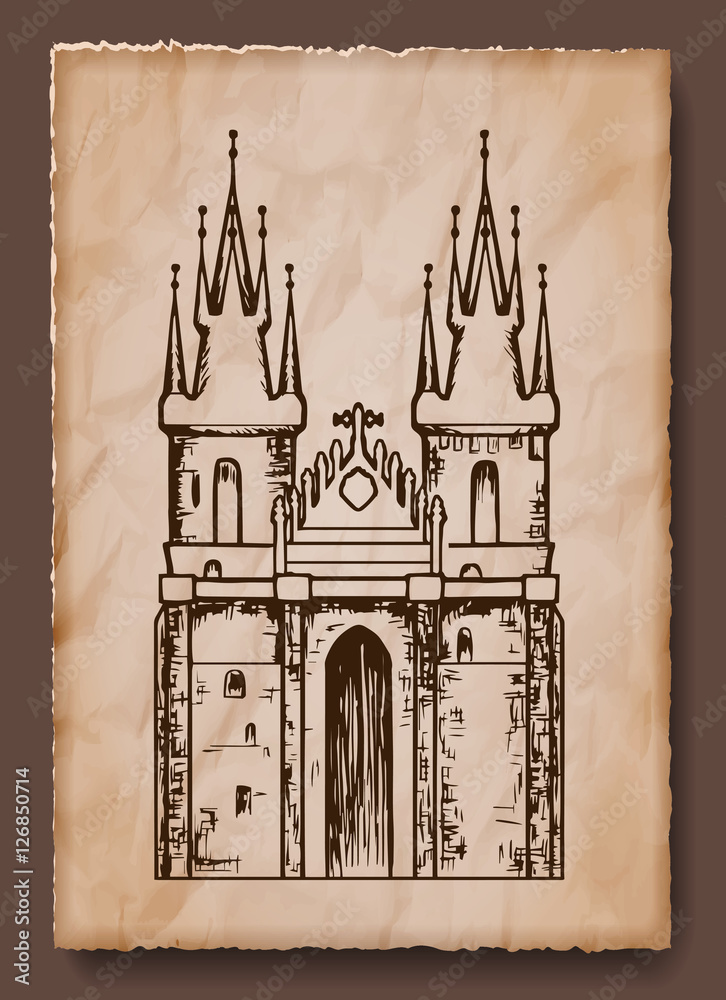 Tynsky castle in Prague vector illustration. Czech capital landmark ...