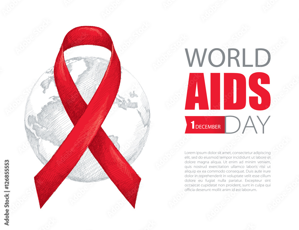 Vector illustration with red ribbon and earth planet isolated on white ...