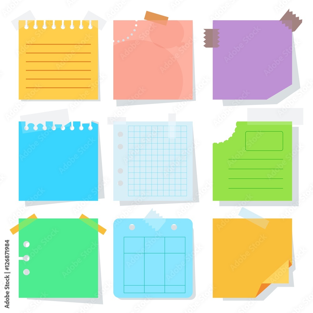 Collection of various crumpled note papers with curled corner and ...