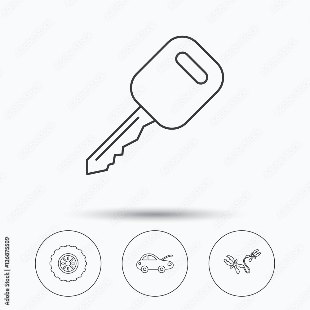 Car key, wheel and repair service icons. Battery terminal linear sign ...