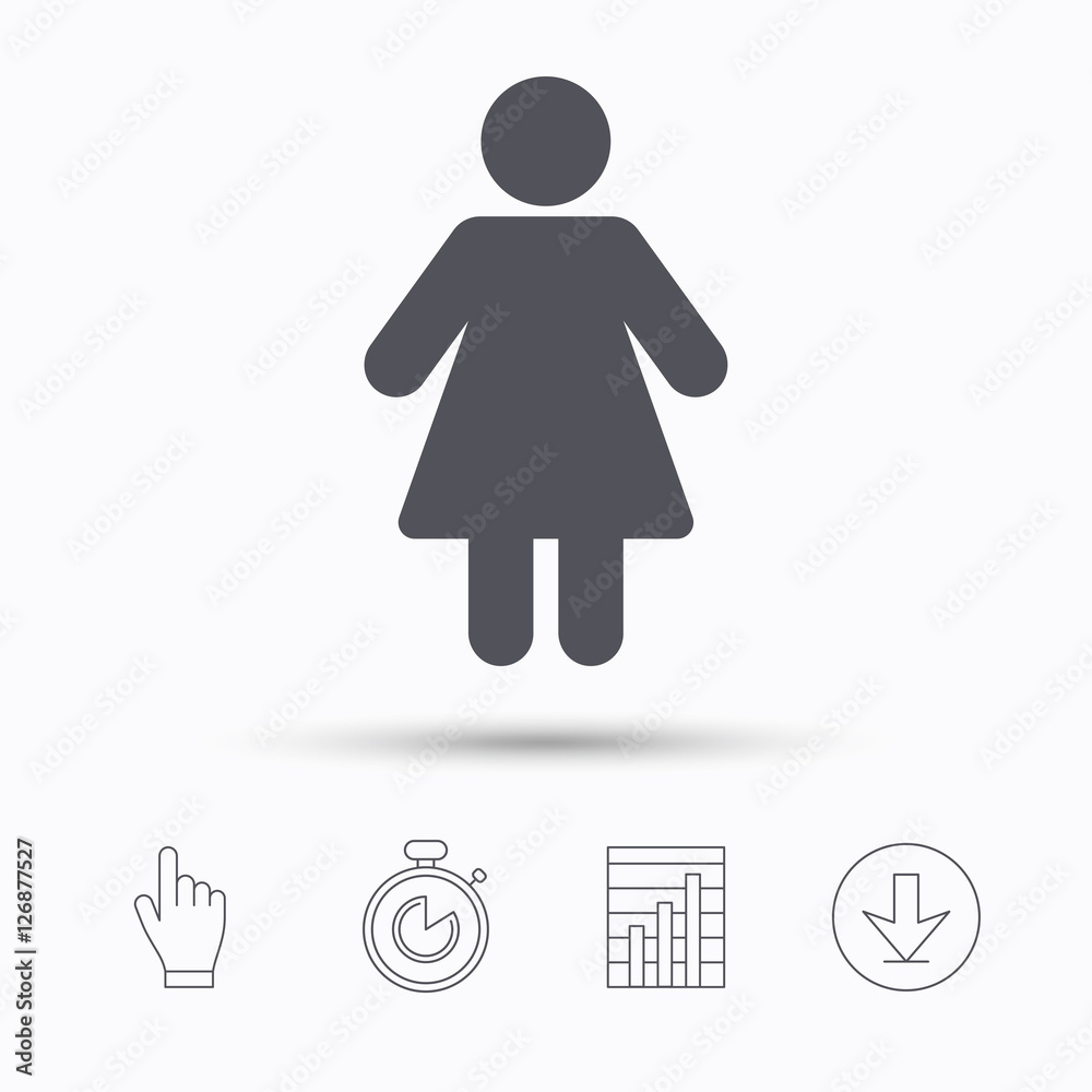 Woman icon. Female human symbol. User sign. Stopwatch timer. Hand click ...