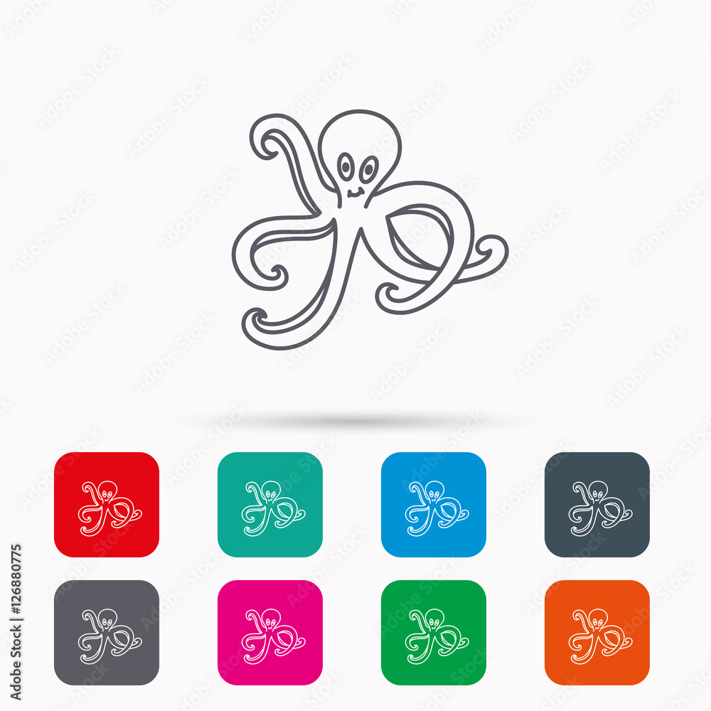 Octopus icon. Ocean devilfish sign. Linear icons in squares on white ...