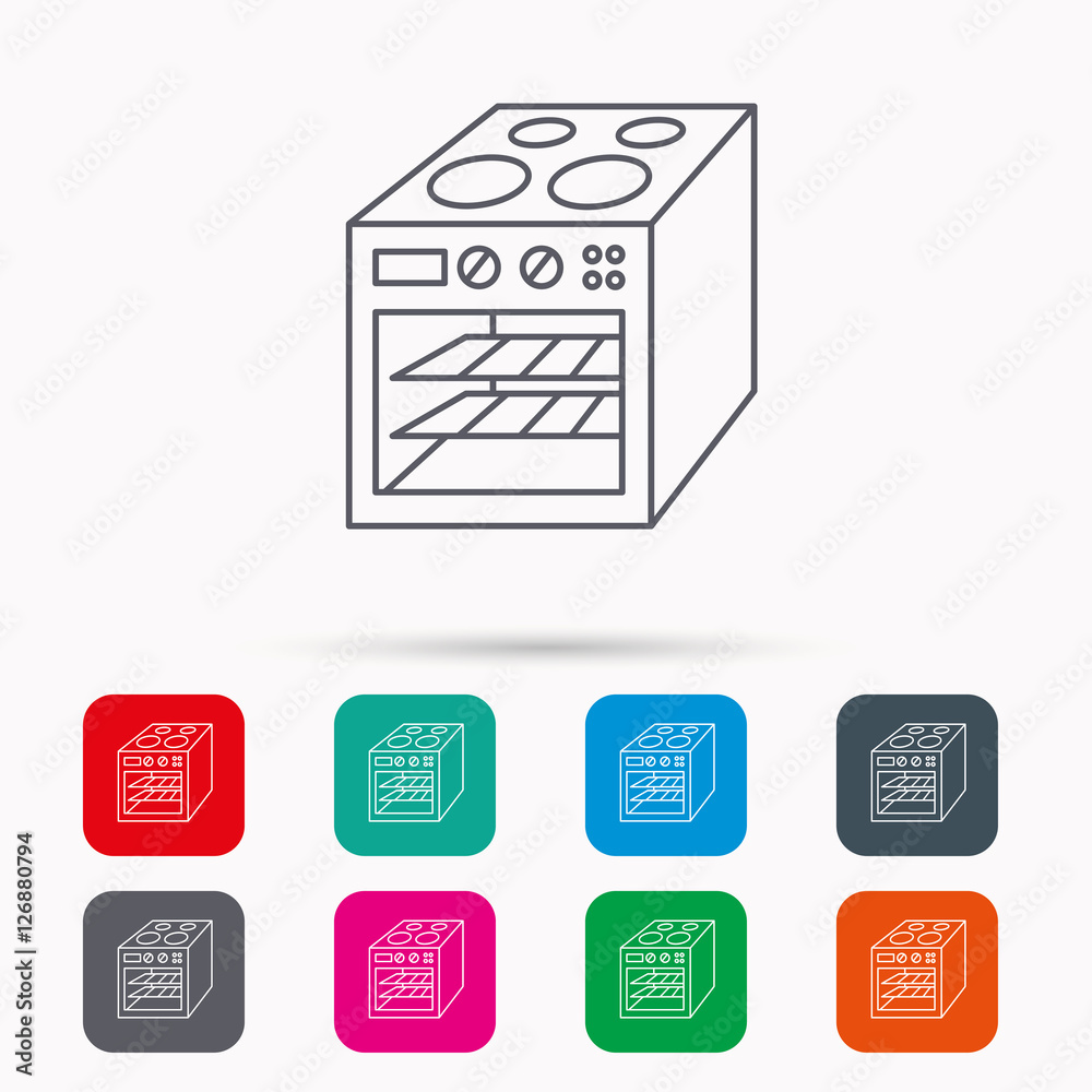 Oven icon. Electric stove sign. Linear icons in squares on white ...
