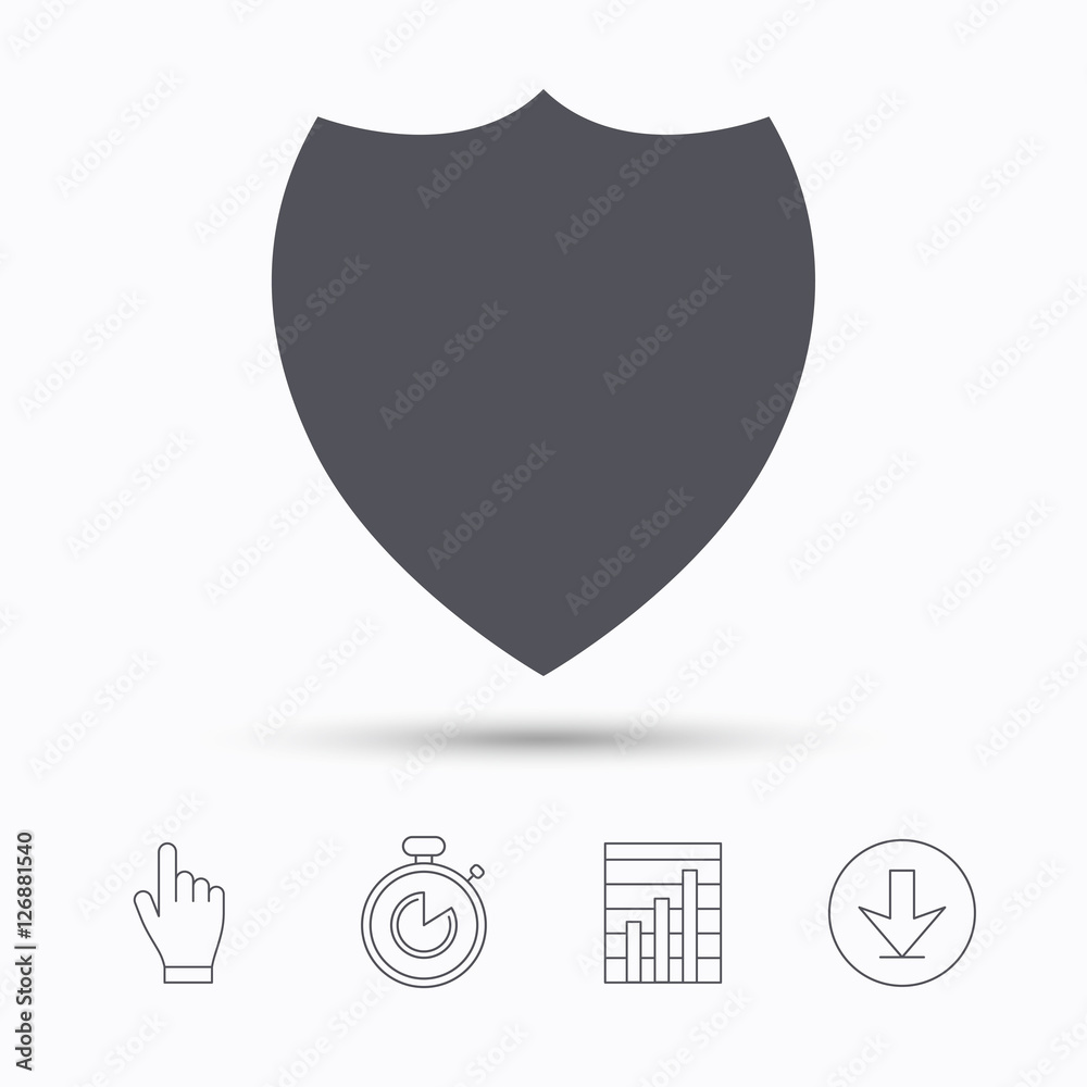 Shield protection icon. Defense equipment symbol. Stopwatch timer. Hand ...