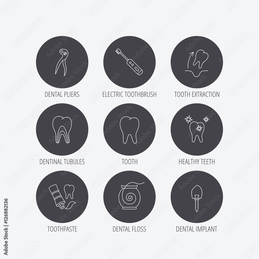 Tooth extraction, electric toothbrush icons. Dental implant, floss and ...