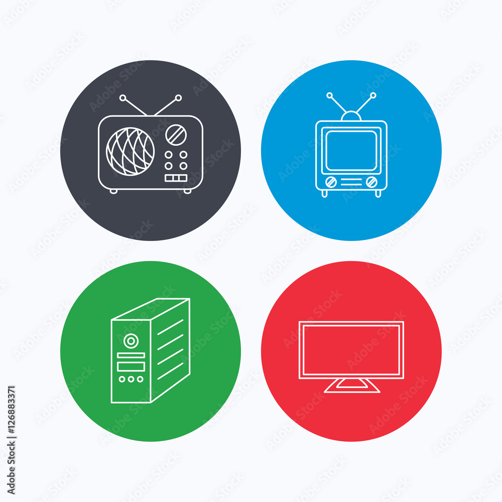 TV, PC case and retro radio icons. Retro TV linear sign. Linear icons ...