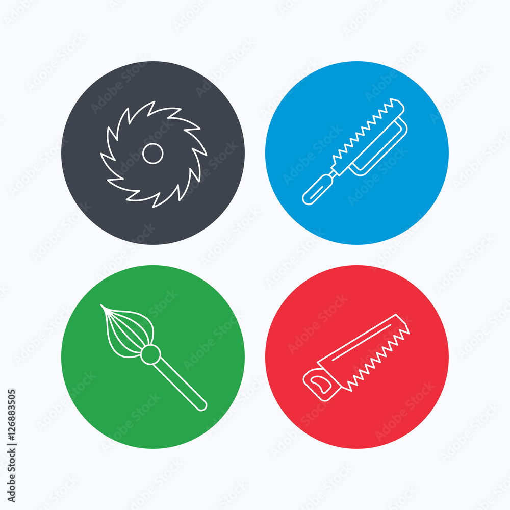 Fretsaw and repair tools icons. Circular saw and brush linear signs. Linear icons on colored ...