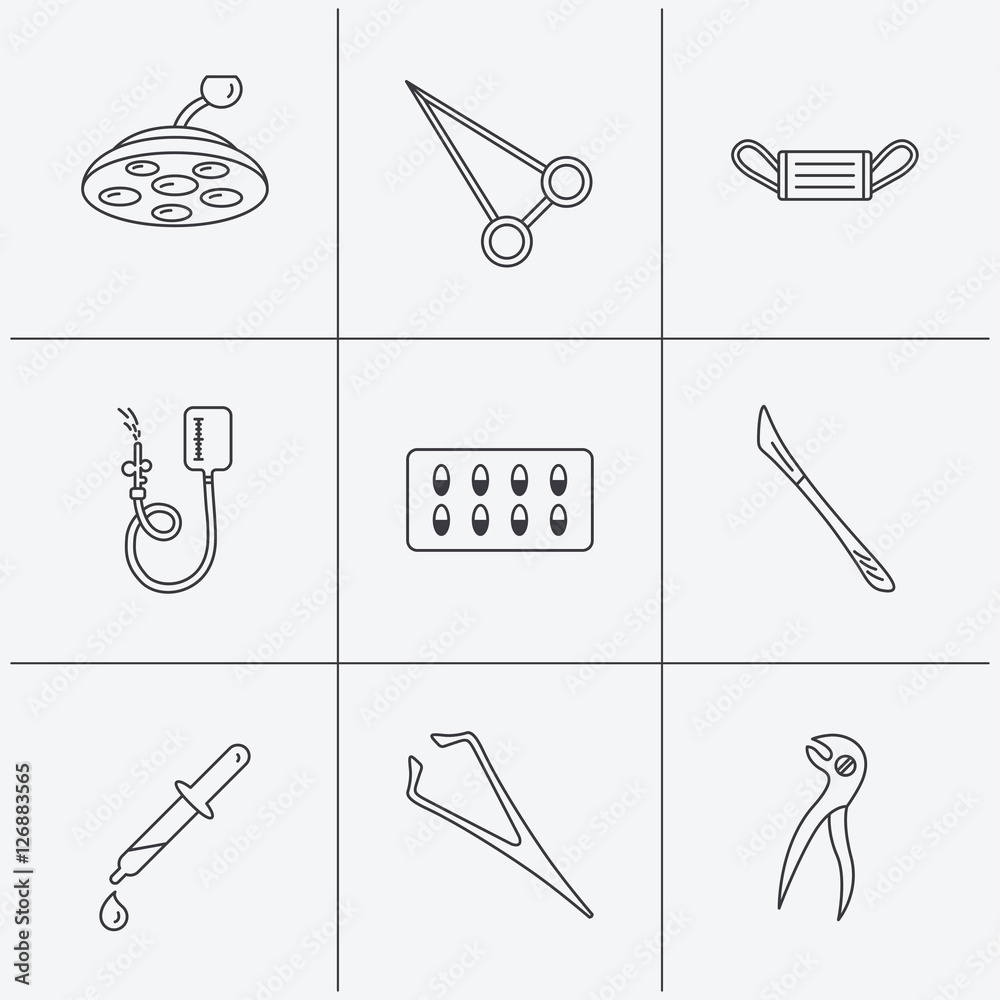 Medical mask, capsules and dental pliers icons. Surgical lamp, scalpel ...