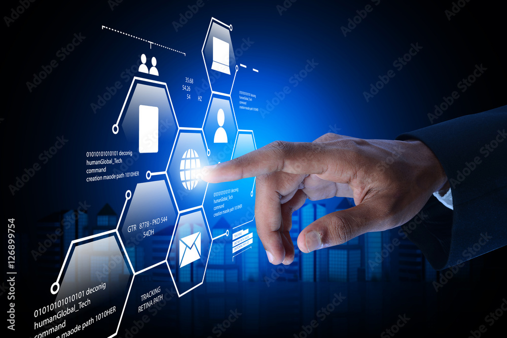 Man showing networking with virtual display in color background Stock ...