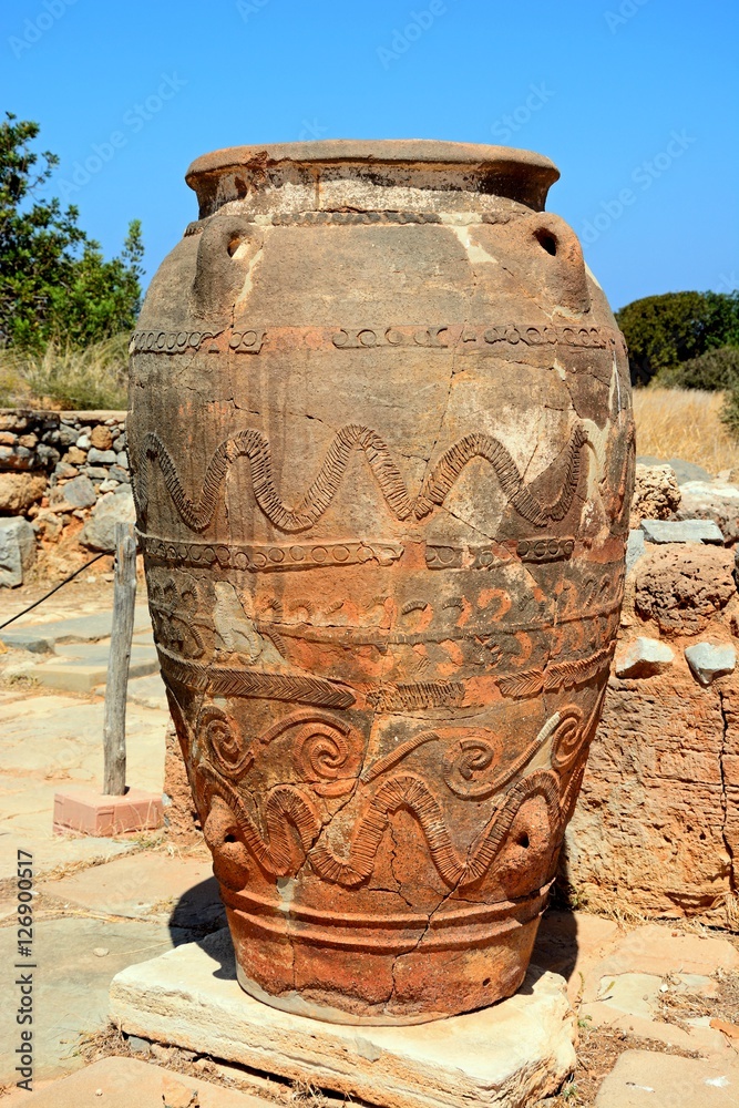 Ancient large decorated terracotta pot at the Minoan Malia ruins ...