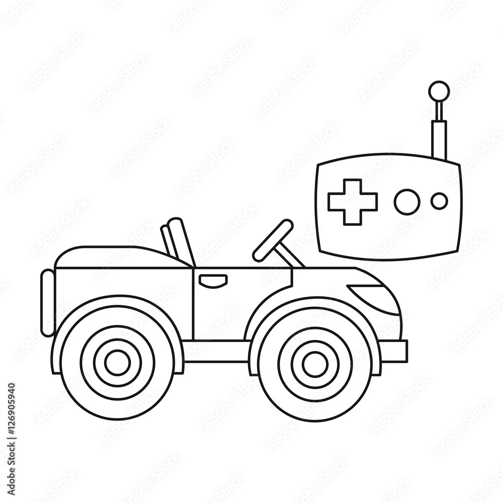 RC car icon in outline style isolated on white background. Play garden ...