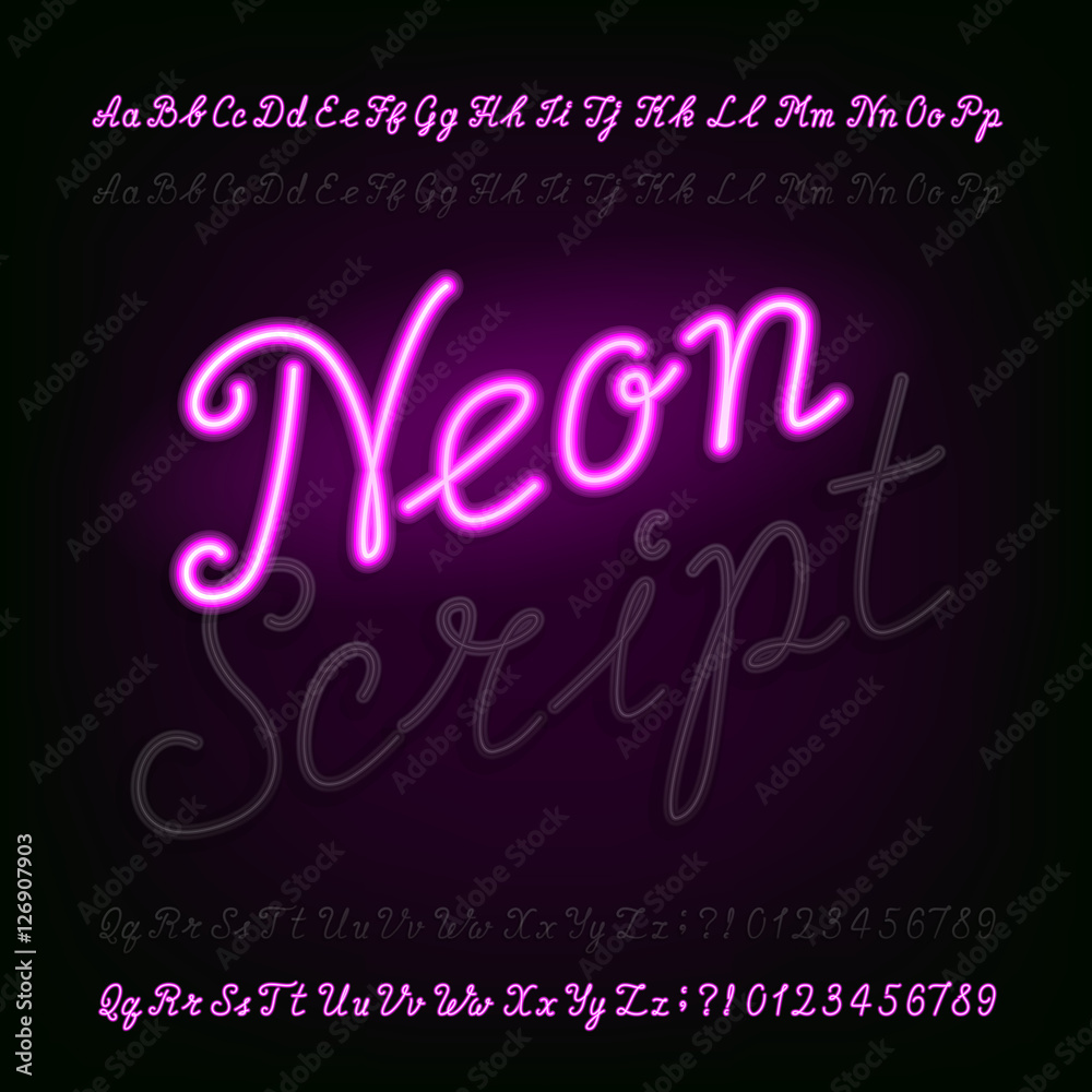 Neon script hand drawn alphabet font. Light turn on and off. Purple ...