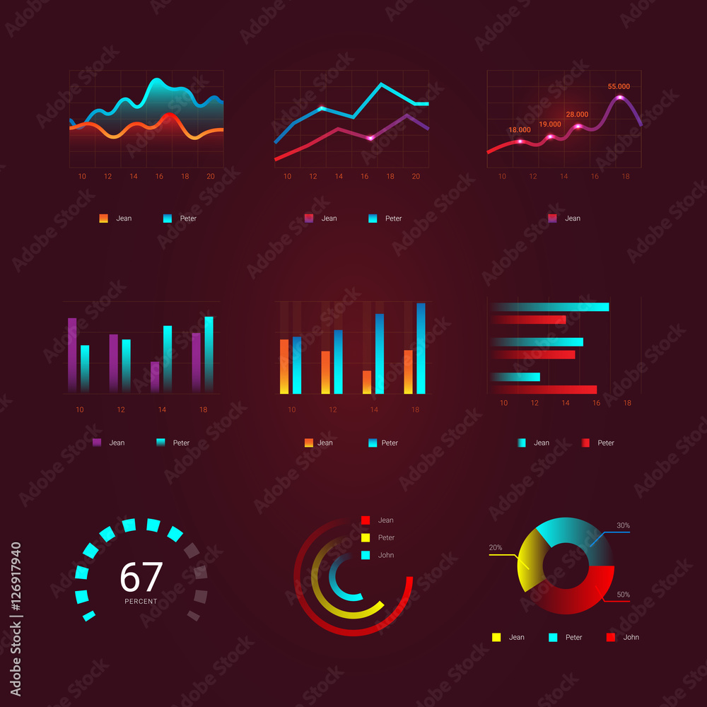 Flat graph and chart vector set. Colorful modern bar and pie ...