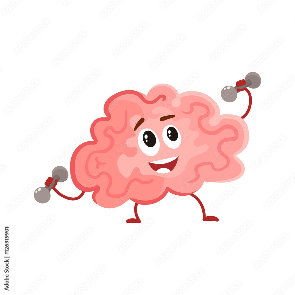 Funny smiling brain training with dumbbells, cartoon vector ...