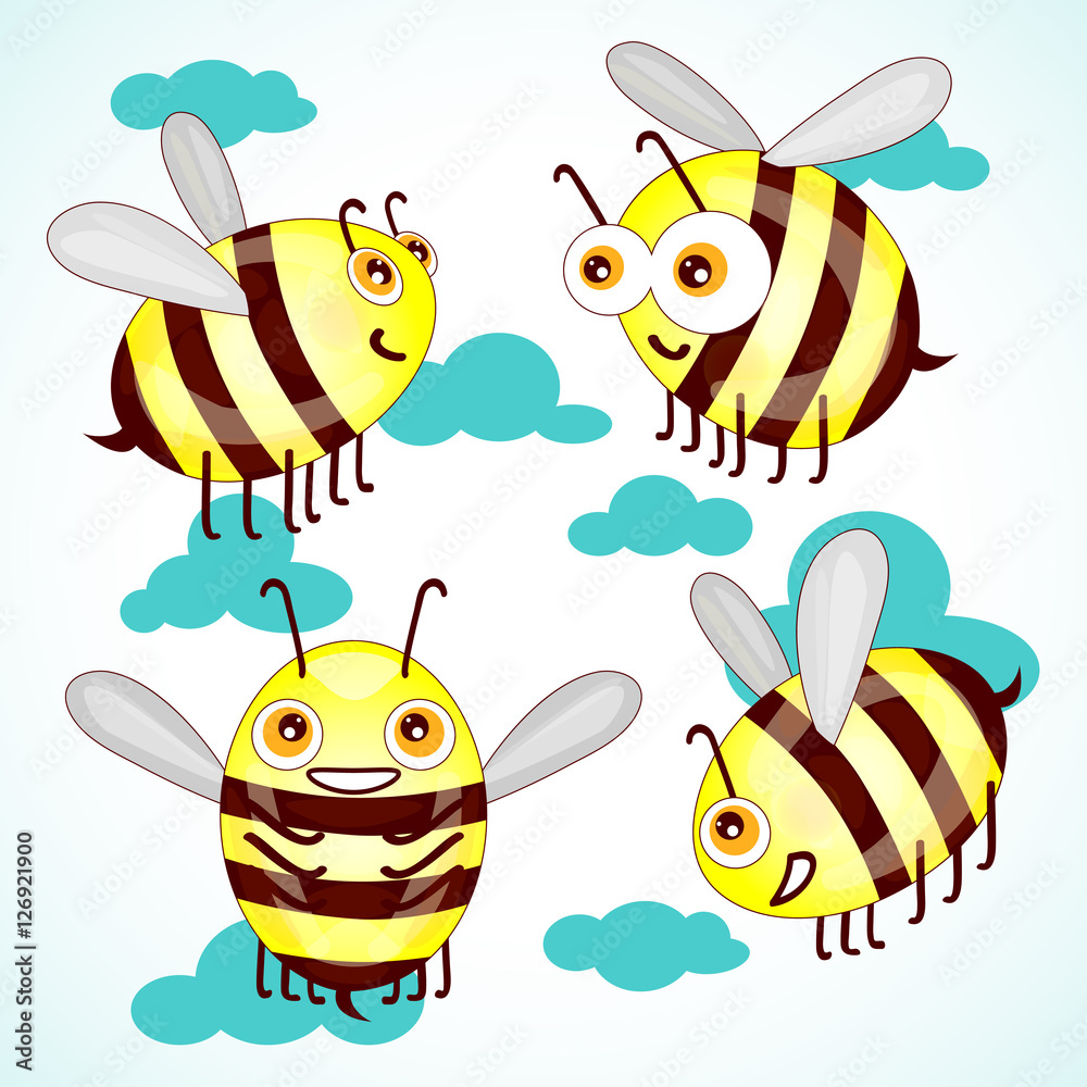 Set cartoon cute bees on sky with clouds vector illustration Stock ...