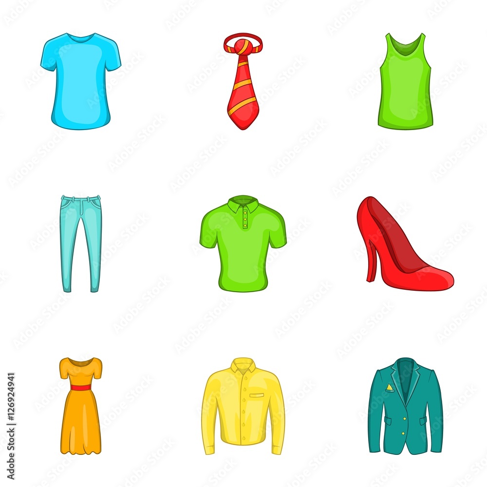 Outfits icons set. Cartoon illustration of 9 outfits vector icons for ...