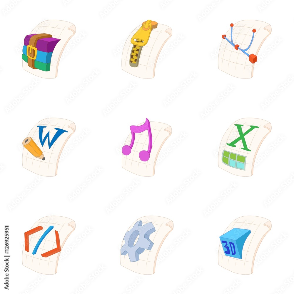 Document types icons set. Cartoon illustration of 9 document types ...