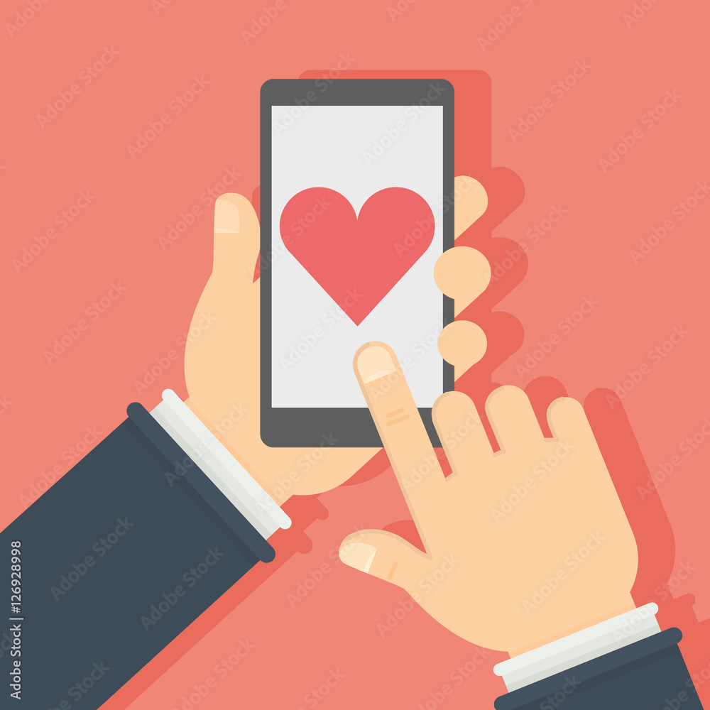 Smartphone with like button. Hands holding smartphone with heart-shaped ...