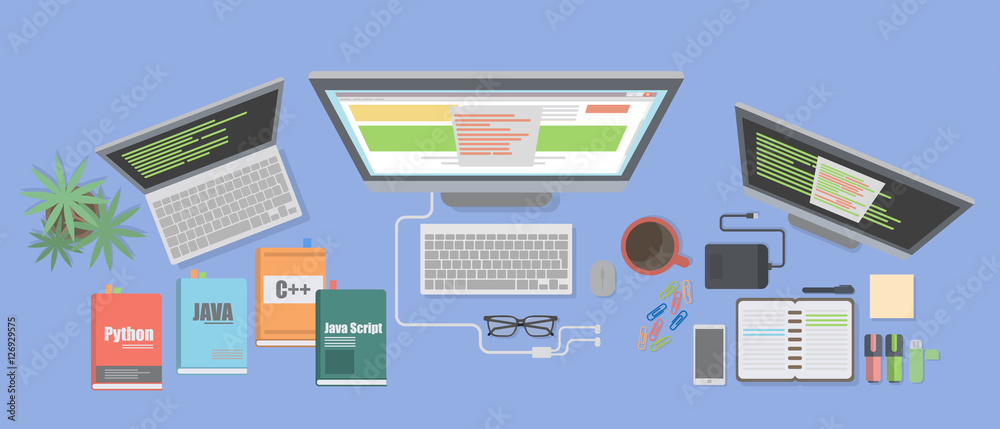 Programmer desk mockup. Desk with coding books, computers and usb ...
