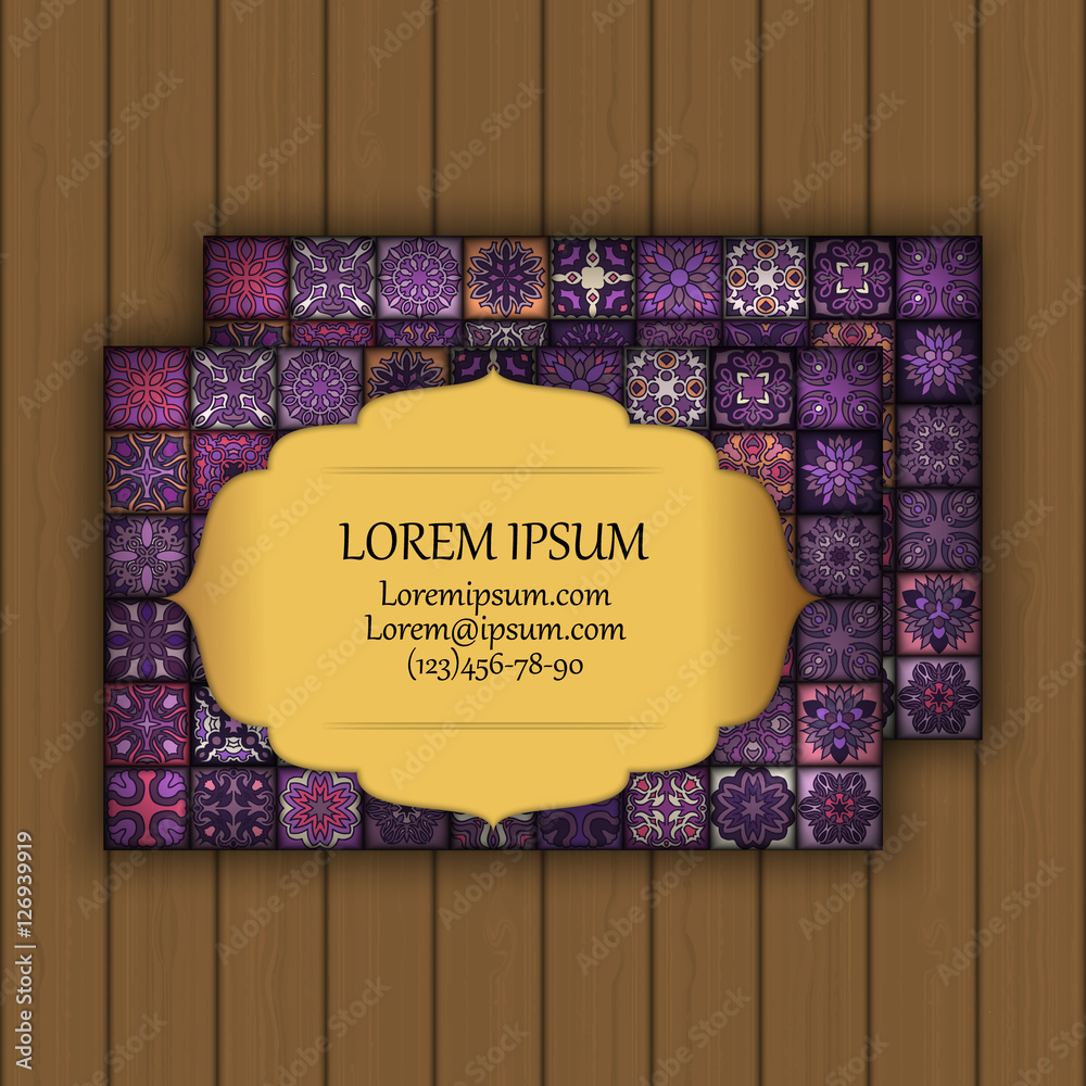 Vector vintage visiting or business card set. Tile mosaic pattern and ...