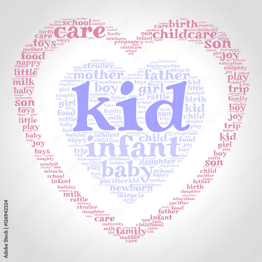 Kid. Word cloud, one heart inside another heart, gradient grey ...