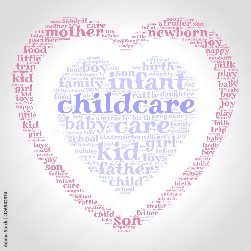 Childcare. Word cloud, one heart inside another heart, gradient grey ...