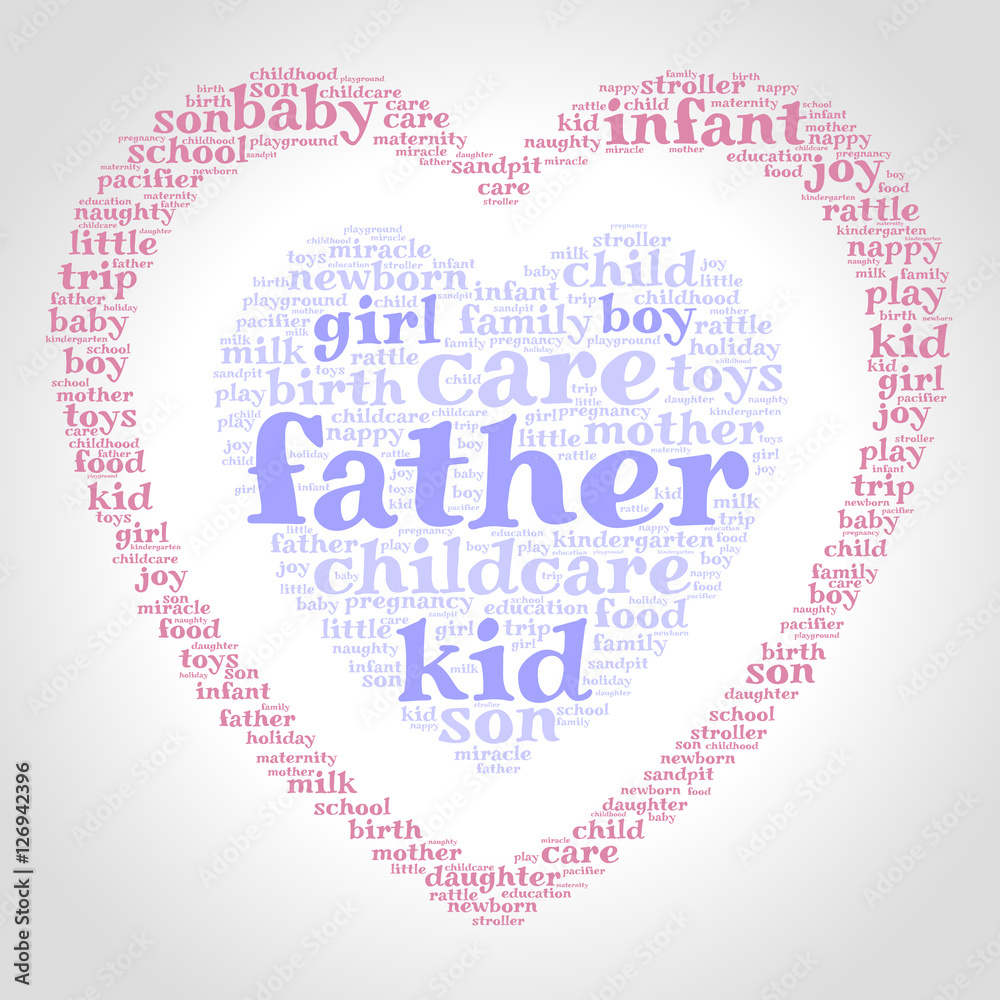 Father. Word cloud, one heart inside another heart, gradient grey ...