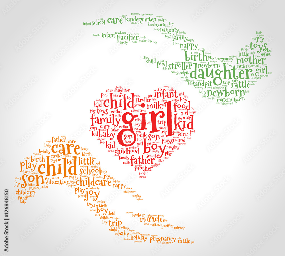 Girl. Word cloud, heart between two hands, gradient grey background ...