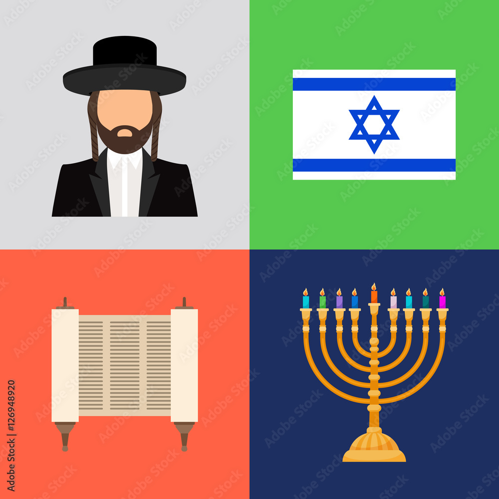 Jewish and judaism symbols. Hope prayer and flag, candles and torah ...