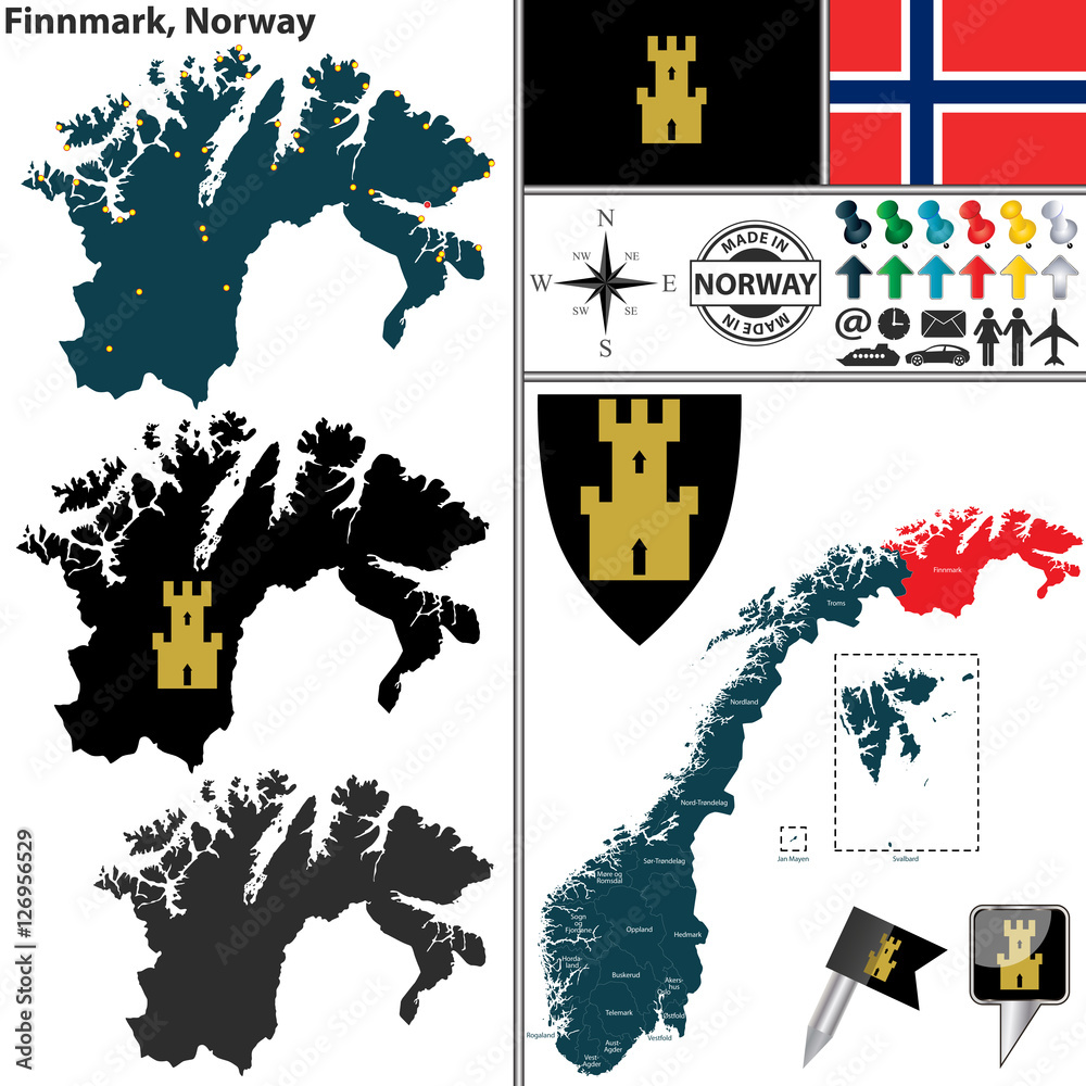 Vector map of county Finnmark with coat of arms and location on ...
