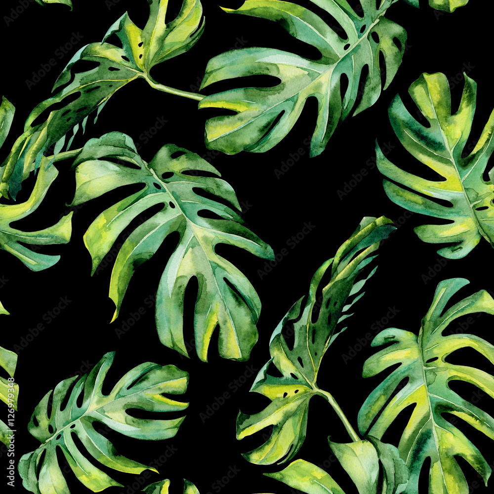 Seamless watercolor illustration of tropical leaves, dense jungle. Hand ...