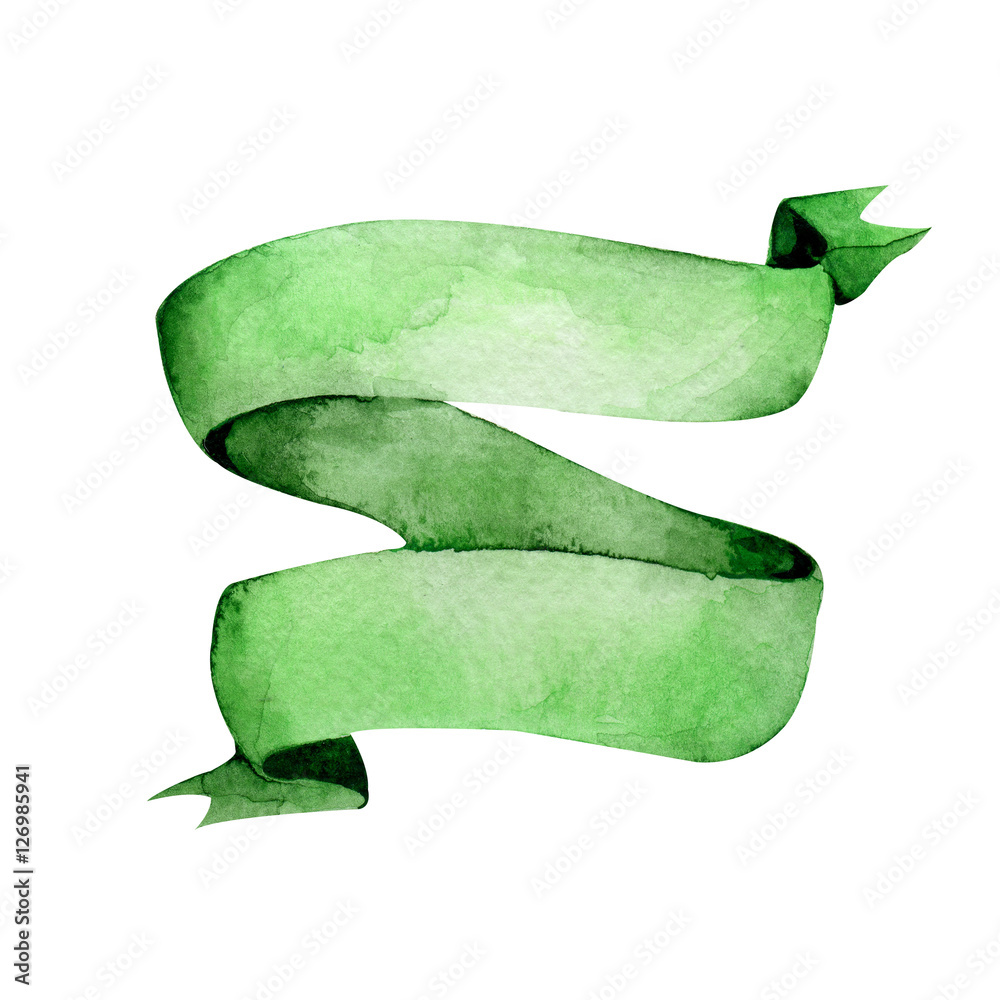 Green watercolor ribbon. Hand drawn tape, banner or ribbon.Wedding ...