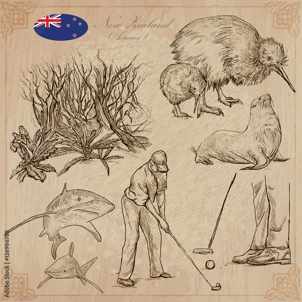 New Zealand. Pictures of Life. Vector pack. Hand drawings. Stock Vector ...