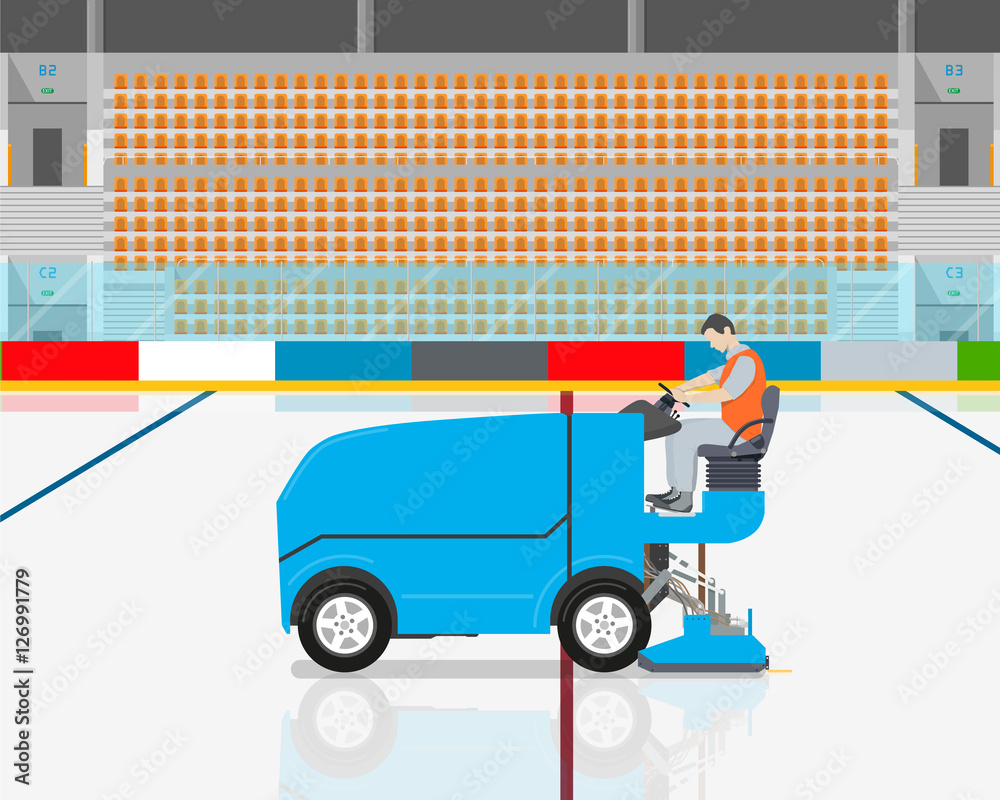 Stadium worker cleans rink on blue modern car cleaning ice. Vector ...