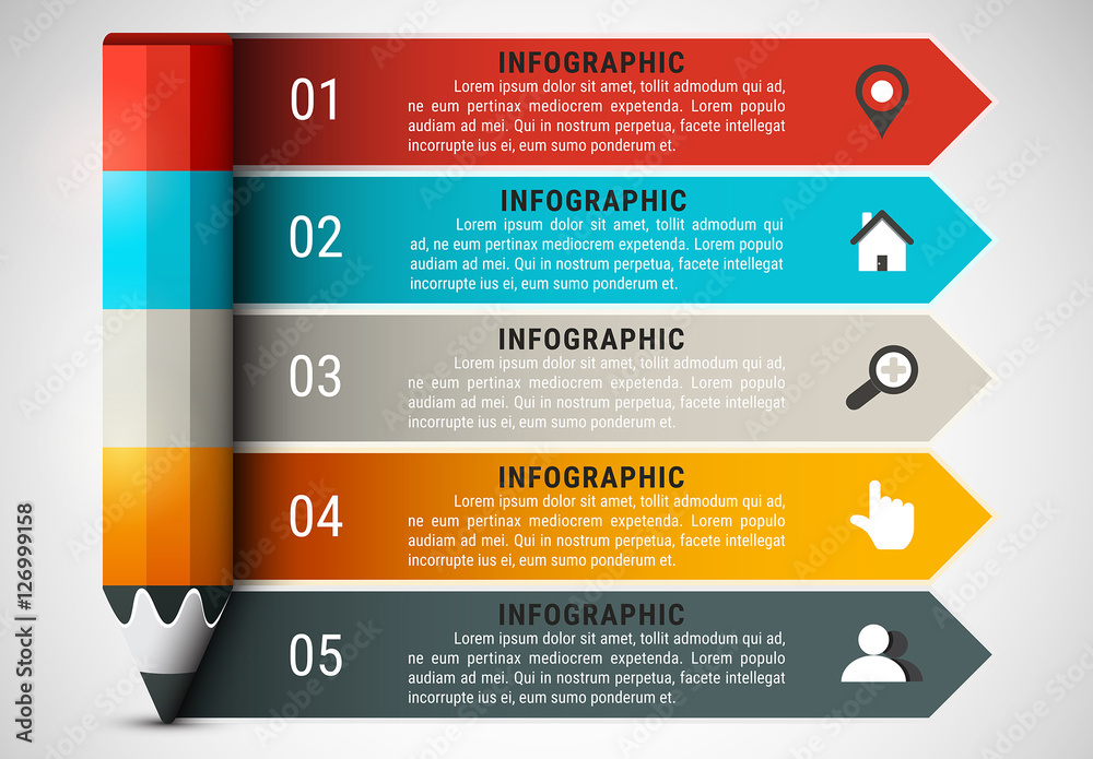 Pencil Element Infographic with Grayscale Icon Set Stock Template ...
