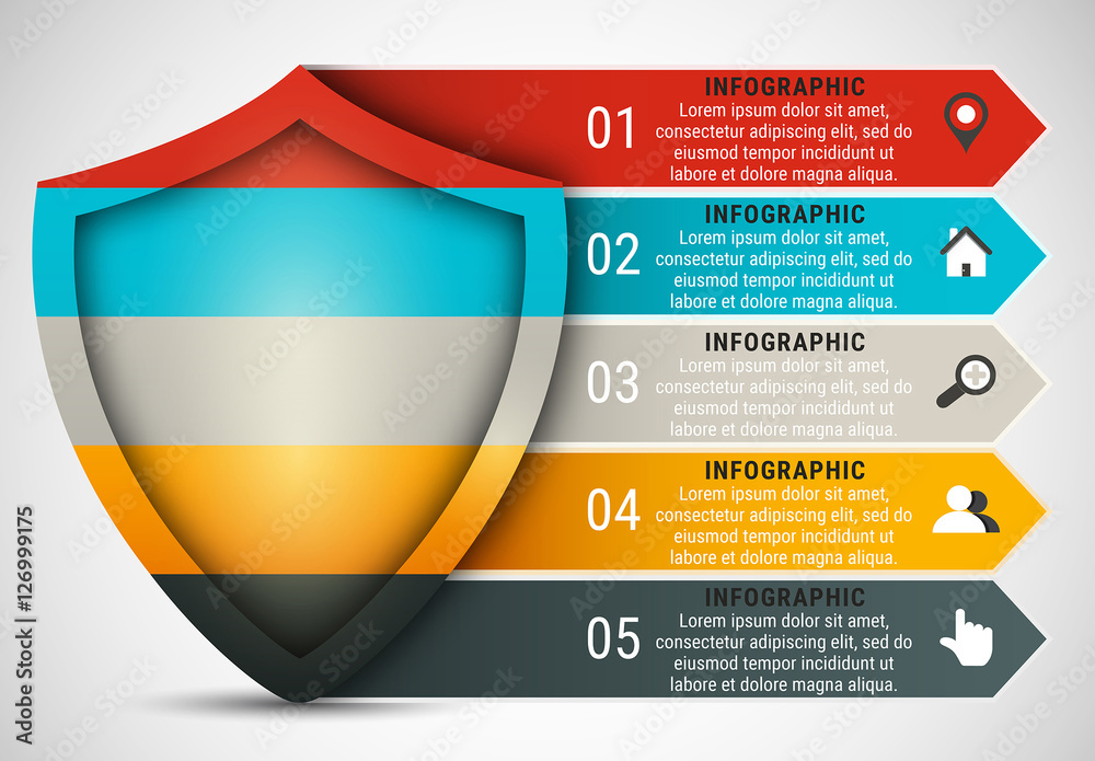 Shield Element Infographic with Grayscale Icon Set Stock Template ...