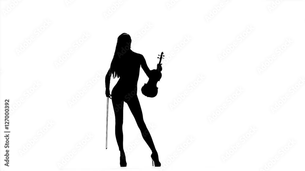 Fiddler girl playing the violin. Silhouette on white background. Slow ...