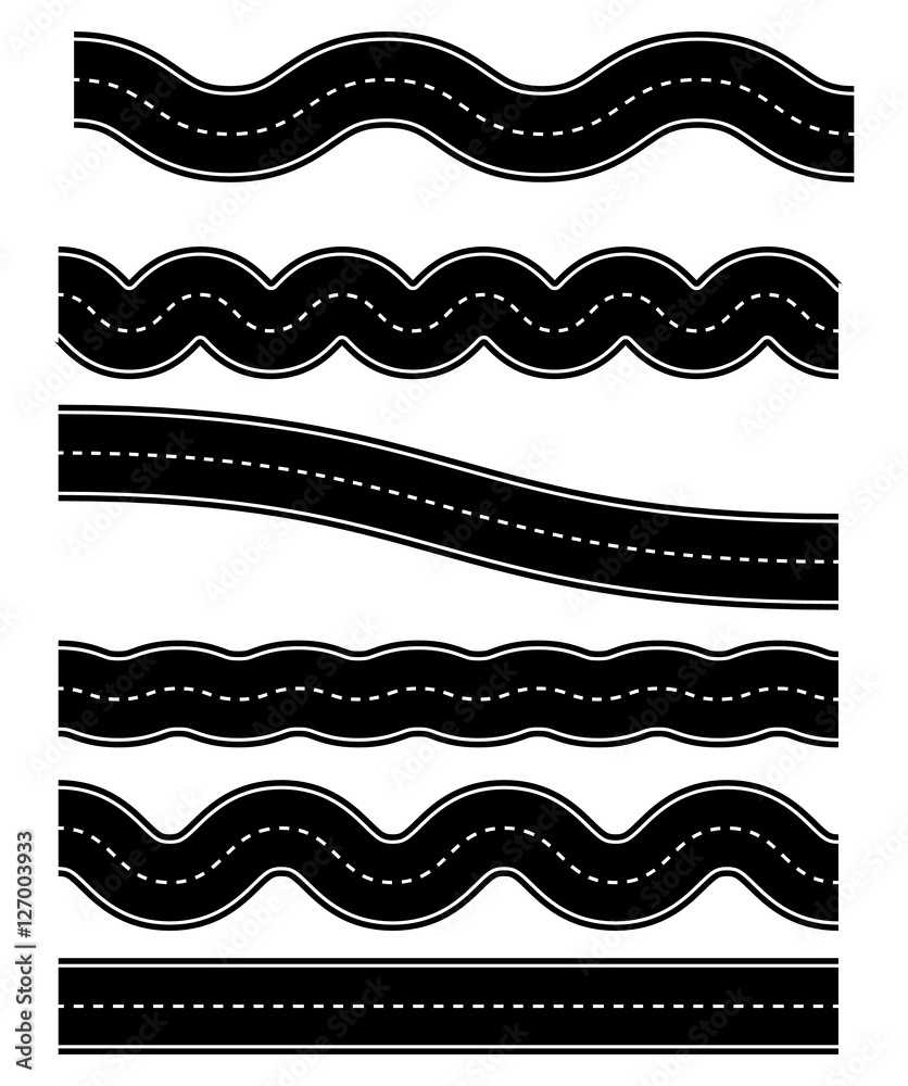 Set of wavy road elements with dashed lines (Straight version is vector ...