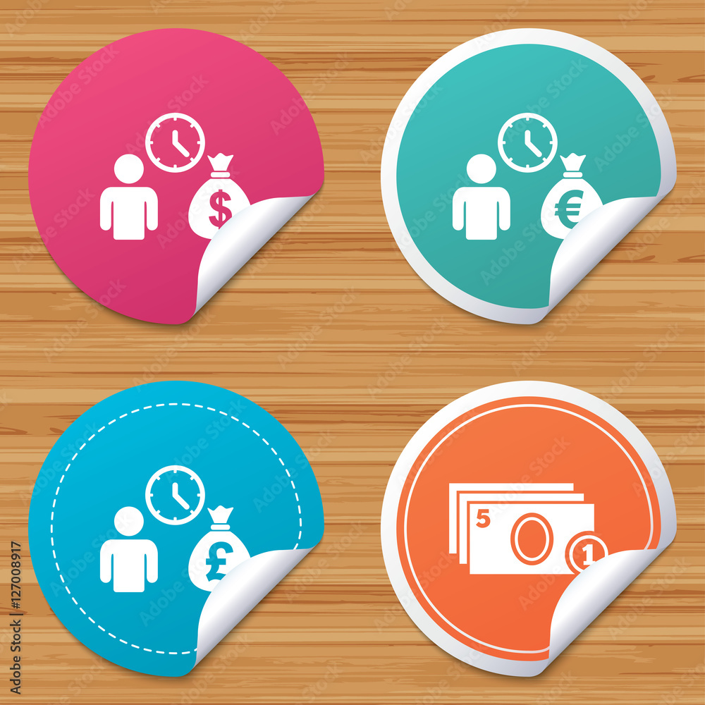 Round stickers or website banners. Bank loans icons. Cash money bag ...