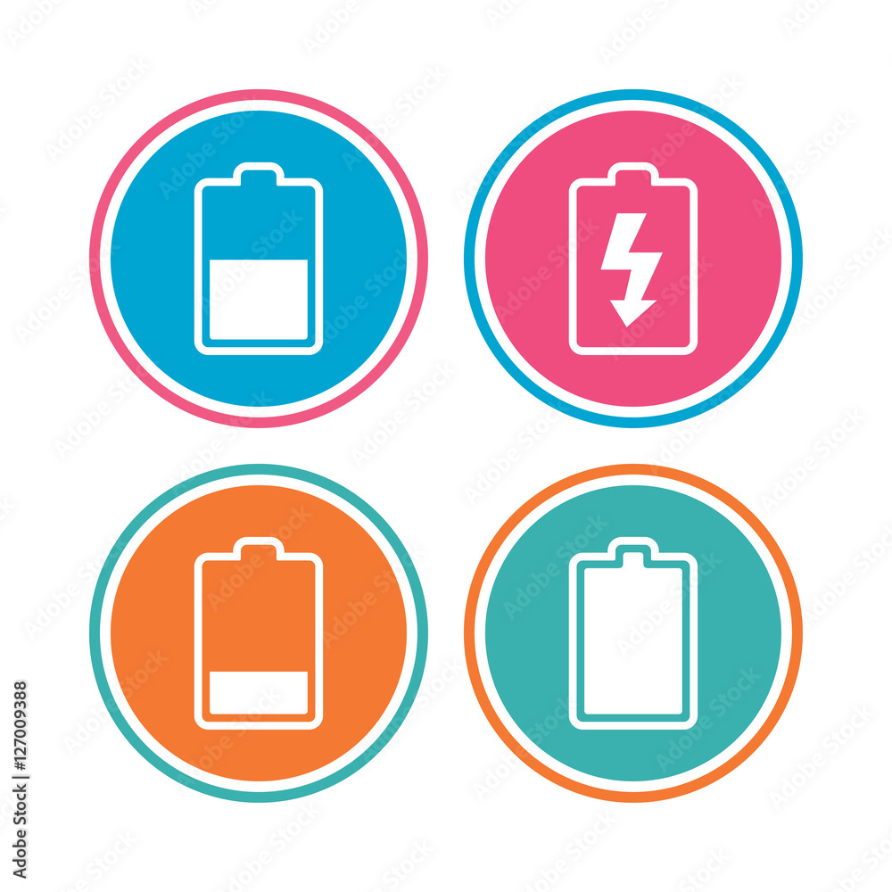 Battery charging icons. Electricity signs symbols. Charge levels: full ...