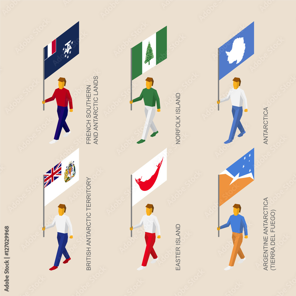 Set of isometric 3d people with flags of countries and territories ...