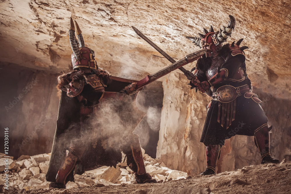 Poster Battle of powerful knights in heavy armor in the Forbidden Caves ...