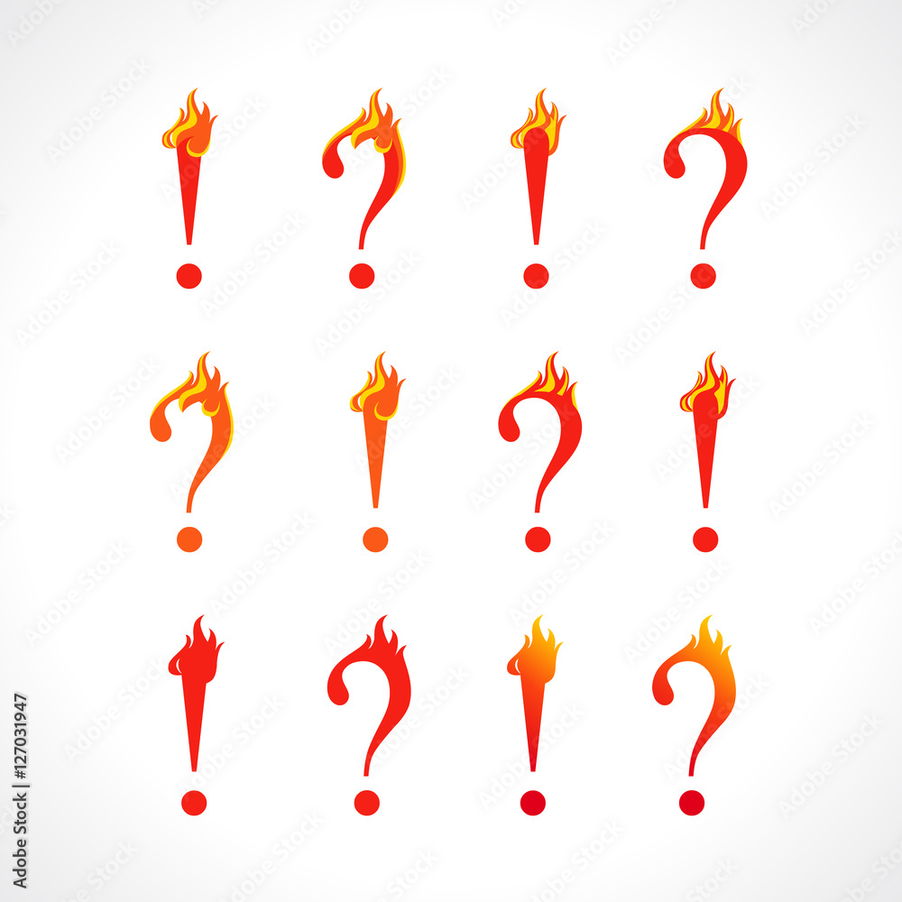 Question mark and eclamation point fire sign. Set of hot asking and ...