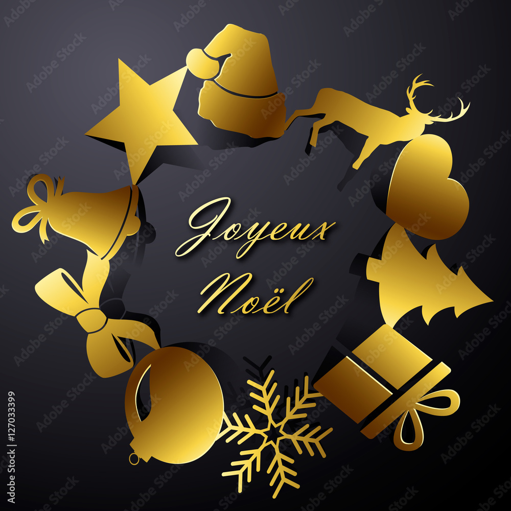 Joyeux Noël ! Couronne dorée sur fond noir Stock Vector | Adobe Stock