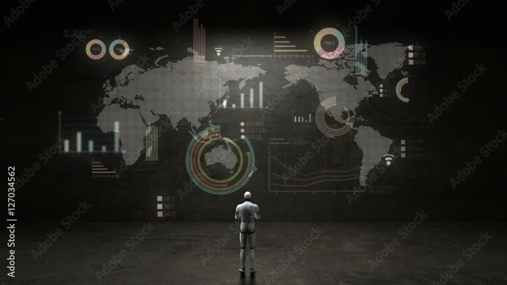 Robot, cyborg standing in front of wall, using global communication ...