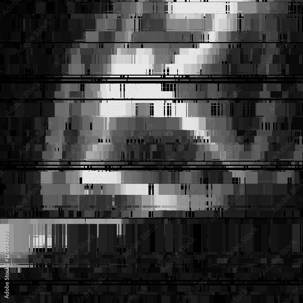 Glitch abstract background with distortion effect, bug, error, random horizontal black and white ...