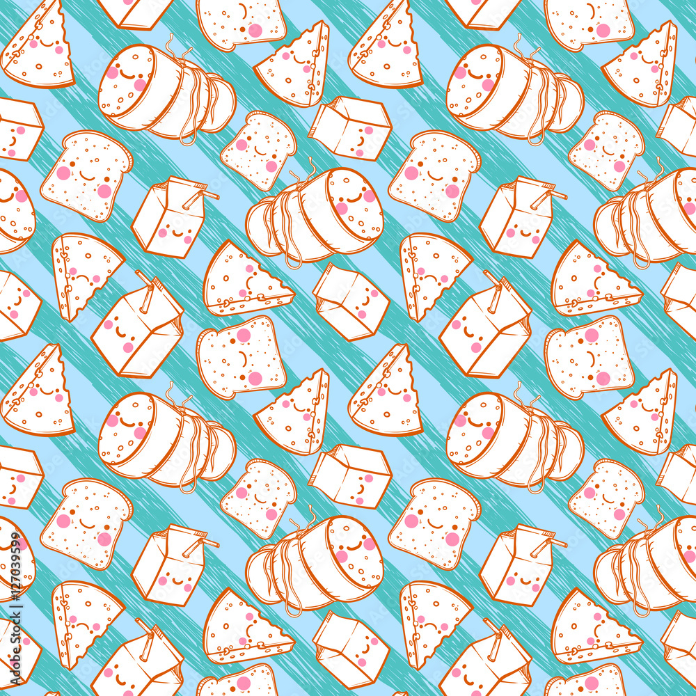 Cute seamless pattern with cartoon cheese, milk. bread and meat sausage ...