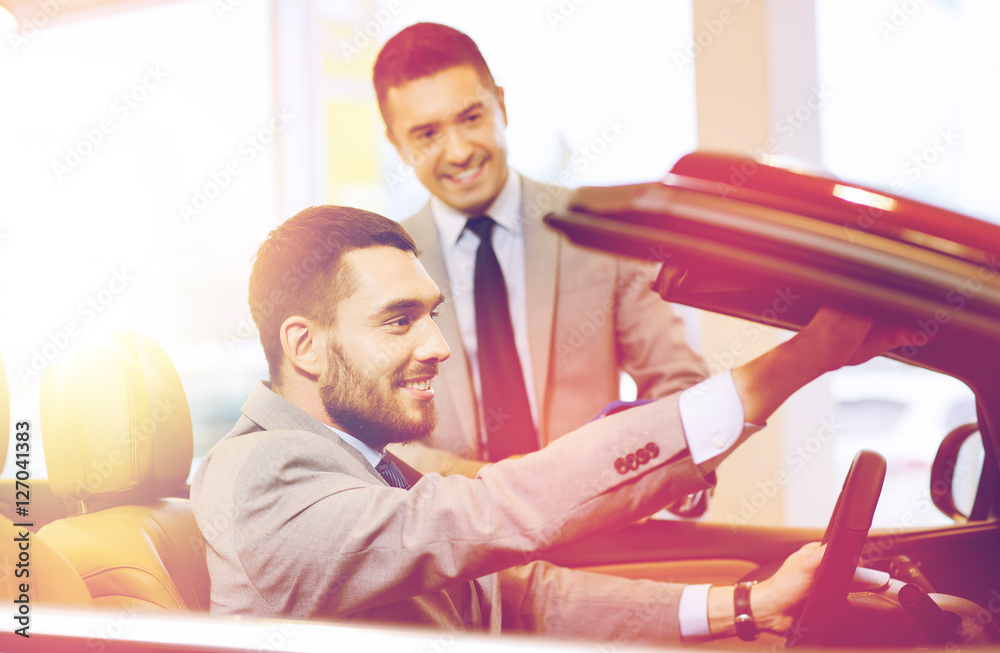 happy man with car dealer in auto show or salon Stock Photo | Adobe Stock