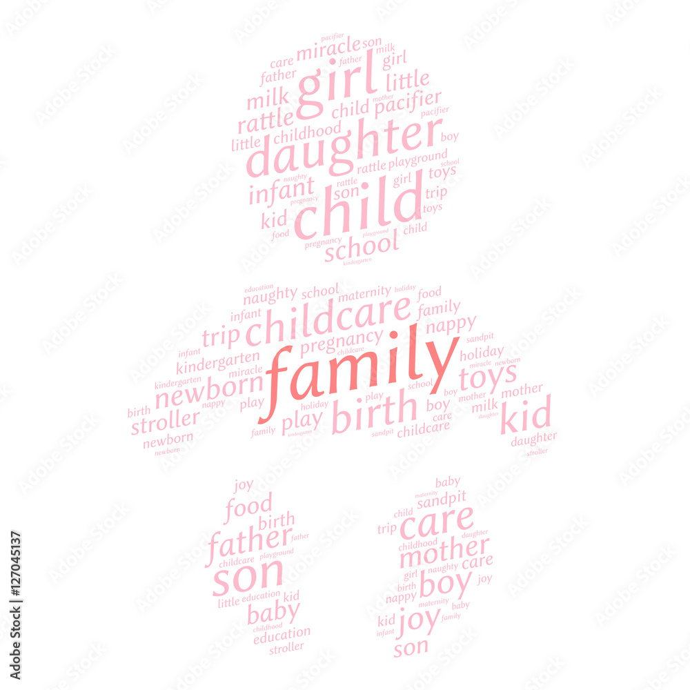 Family. Word cloud, baby silhouette, white background. Family concept ...