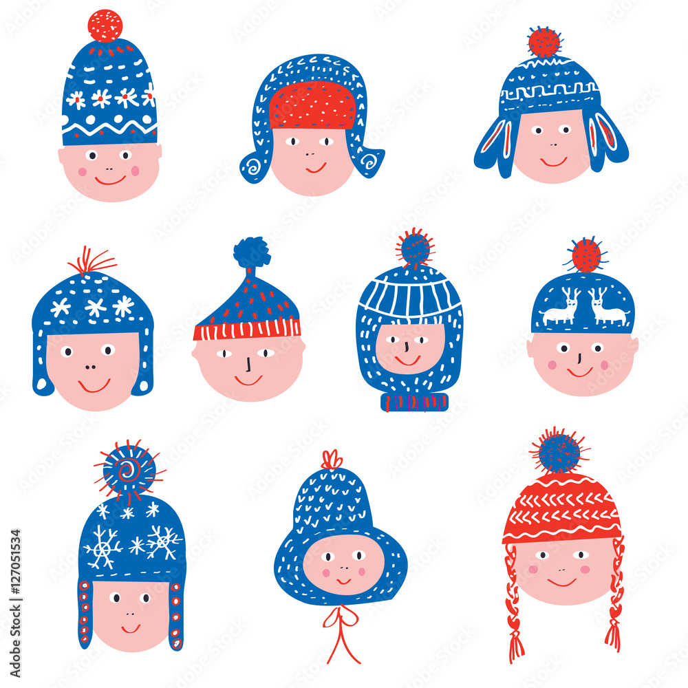 Funny winter hats set - sketchy style Stock Vector | Adobe Stock